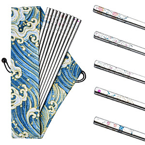 CATHYLIFE Metal Chopsticks, East Asian Ethnic Style Colorful Laser Engraving, Stainless Steel Titanium Plated, Dishwasher Safe, Chinese Japanese Korean Oriental Gifts, 5 Pair with Gift Bag Set.(All)