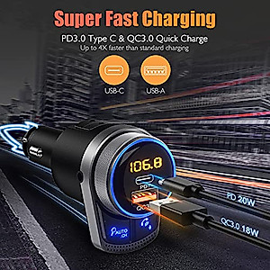 LENCENT FM Transmitter Bluetooth in-car, Auto-Tune Frequency Auto Search Bluetooth Radio Frequency Wireless Car Adapter, Type-C PD 20W & QC3.0 Quick Fast Charge, Support AUX and Hands-Free Calling