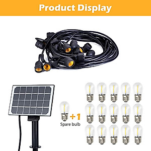 ANBRITE LED Outdoor Garden String Lights Solar Powered, 48FT Hanging 15+1 LED Edison Bulbs E27 Sockets Indoor/Outdoor Festoon Lighting for Party, Wedding Warm White Commercial Grade Connectable