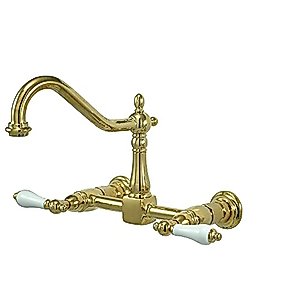 Kingston Brass KS1242PL Heritage Wall Mount 8-Inch Center Kitchen Faucet, Porcelain Lever Handle, 8-1/2-Inch, Polished Brass