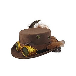 Jacobson Hat Company Deluxe Velvet 4.25 Inch Steampunk Top Hat With Removable Goggles (Brown), One Size