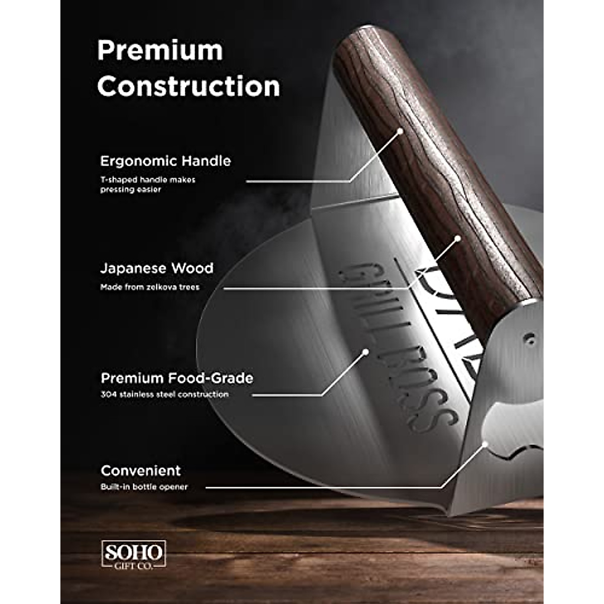 GALVANOX BBQ Press Grilling Gift for DAD The Grill Boss - Stainless Steel Smash Burger Press for Hamburger/Bacon with Wood Handle & Beer Opener (for Christmas, Birthday, Fathers Day)