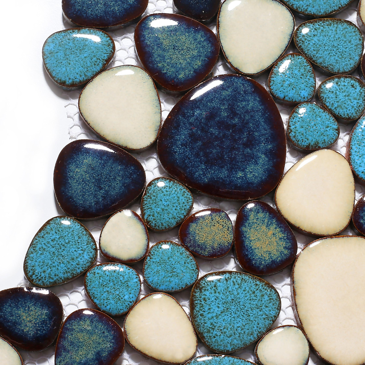 Primoon Interlocking Pebble Tiles 5 Sheets, Aqua Teal Blue Mosaic Tiles Mesh Mounted, 12x12 Waterproof Ceramic Tile Flooring for Kitchen Bath Backsplash Shower Floor Pool