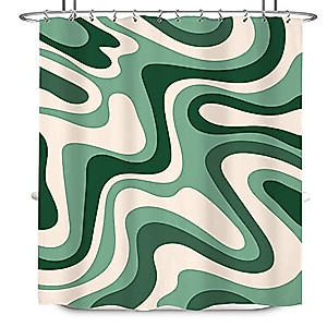 LIGHTINHOME Aesthetic 70S Shower Curtain 60Wx72H Inches Green Y2K Abstract Waves Swirl Cute Retro Boho Groovy Bathroom Decor Shower Accessories Cloth Fabric Waterproof Polyester Set with Hooks
