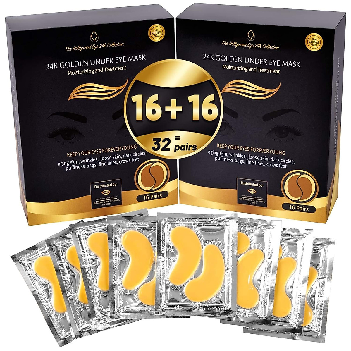 24K Gold Under Eye Patches, Eye Mask, Eye Patches for Puffy Eyes and Dark Circles, Eye Masks Skincare, Under eye patches for puffy eyes dark circles, Under eye treatment, Eye Care (32 Pairs)