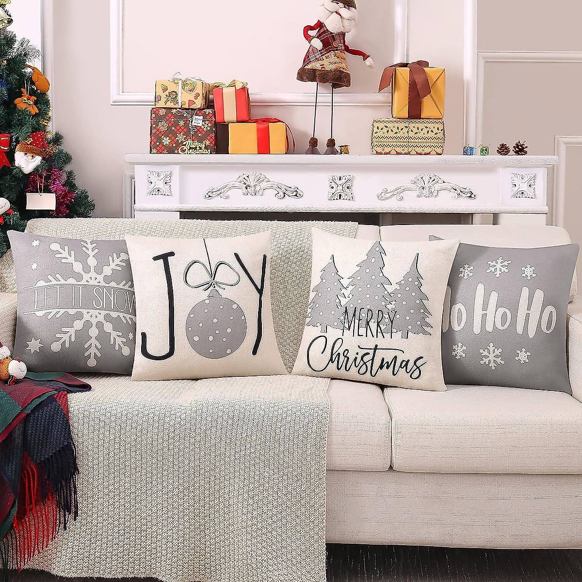 Gray Christmas Pillow Covers 20x20 Set of 4, Xmas Pillow Covers Farmhouse Christmas Decorations Winter Holiday Decor Throw Cushion Case for Home Couch