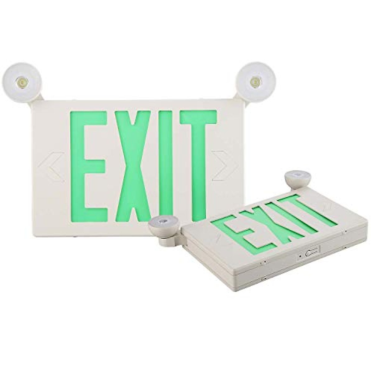 EXITLUX 2 Pack Green Led Exit Sign with Emergency Lighting Battery Backp -Two LED Adjustable Head -120V/277V-UL Listed-Exit Lighting -Dual LED Lamp ABS Fire Resistance for Power Failure.