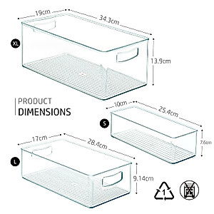 Hudgan 8 PACK Stackable Pantry Organizer Bins (3 sizes) - Clear Fridge Organizers for Kitchen, Freezer, Countertops, Cabinets - Plastic Food Storage Container with Handles for Home and Office