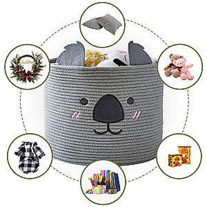 OMERAI Animal Baskets Cotton Rope Storage Basket Woven Toy Basket Large Basket for Blankets Cute Koala Basket with Handles Foldable Animal Laundry Basket Nursery Basket Organizer, 15"D x 12.6"H (Grey)