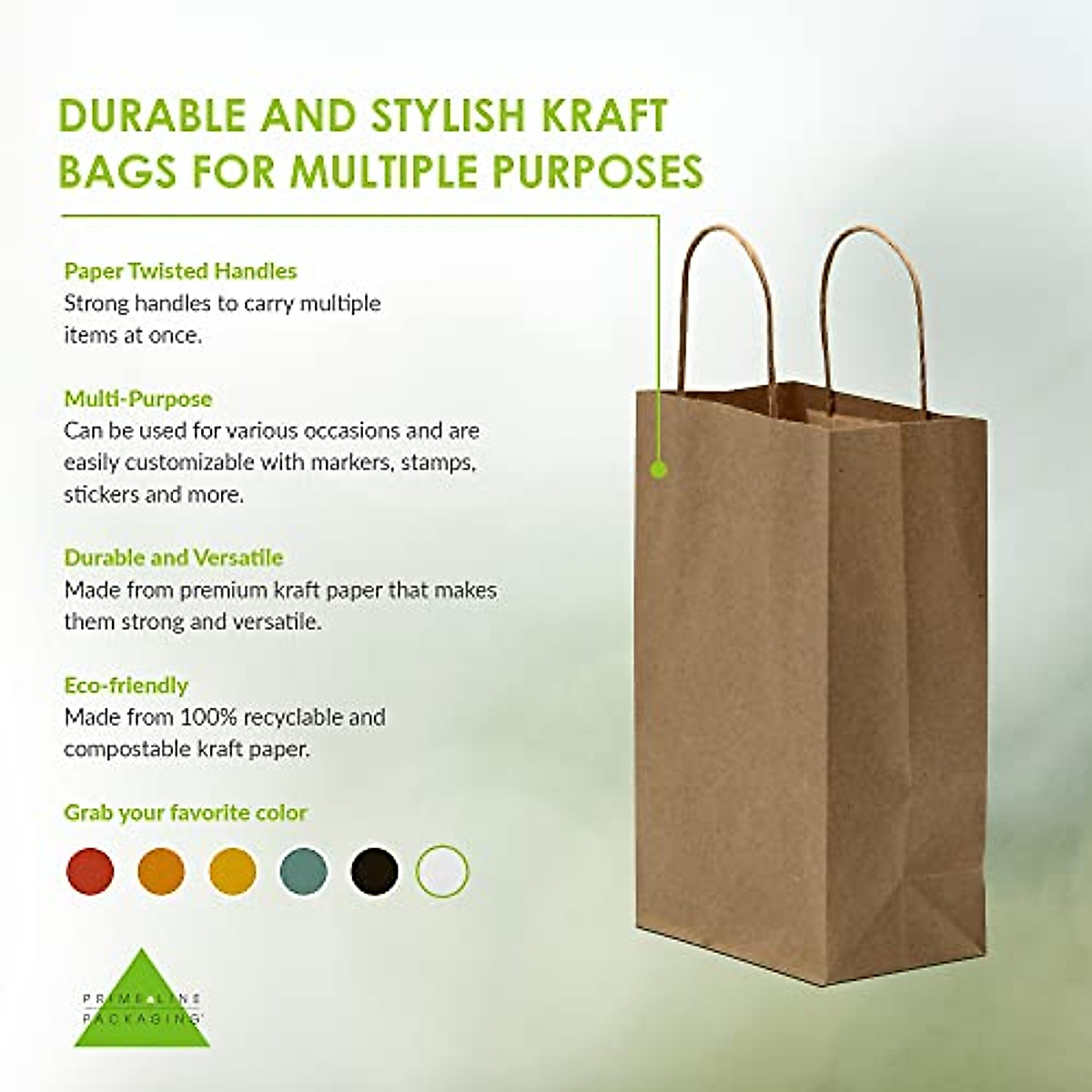 Prime Line Packaging Mini Brown Gift Bags with Handles, Kraft Paper for Small Business, Boutique, Retail, Thank you, Party, Take Out - 6x3x9, 100 Pack