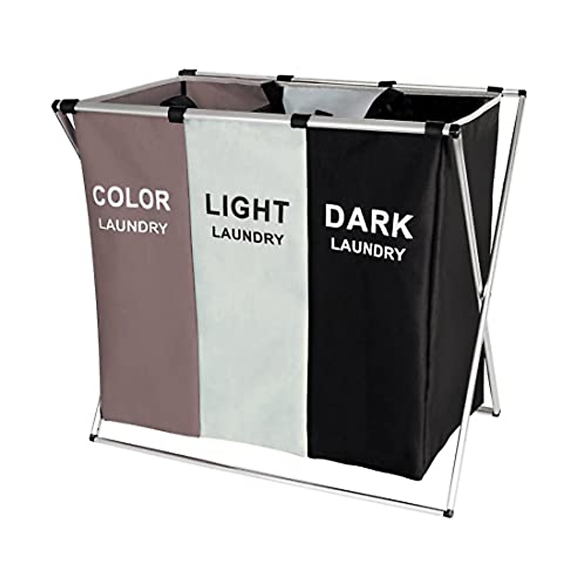 135L Laundry Cloth Hamper Sorter Basket Bin Foldable 3 Sections with Aluminum Frame 26''×24''H Washing Storage Dirty Clothes Bag for Bathroom Bedroom Home Storage basket(Brown+Grey+Black, 3 Liner)