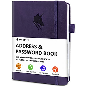 DRAPHY Address Book with Alphabetical Tabs, Elegant PU Leather Telephone Book, Hardcover Address Organizer and Password Keeper - Record Contacts, Anniversaries, Birthdays 5.2x7.7" (Purple)