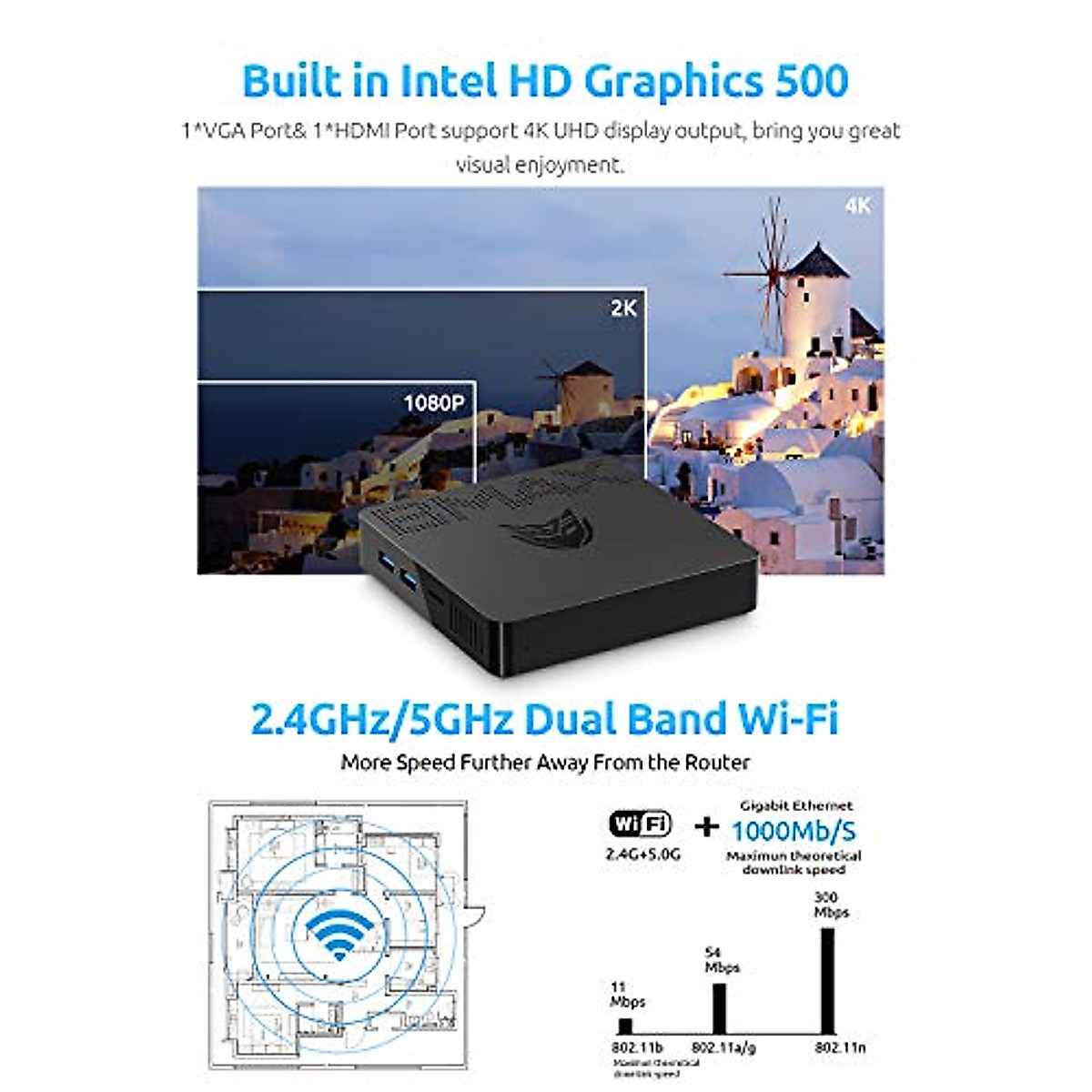 Bmax Mini PC 6GB DDR3/64GB eMMC Celeron N3350 (Up to 2.4 GHz) Support 512GB/2TB M.2 SSD Expansion, HDMI+VGA Port 4K HD Dual Display, 2.4G/5G Dual WiFi BT4.2, Micro Computer B1 Plus