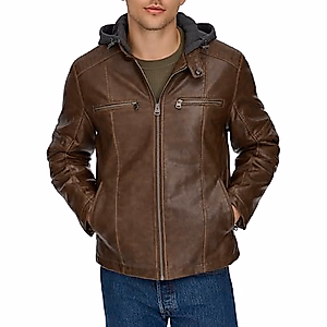 Levi's Men's Faux Leather Hooded Racer Jacket, Saddle, X-Large
