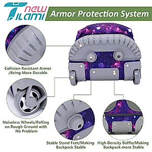 NEW TILAMI 18 Inch Rolling Backpack with Zipper Mesh Pouch Boys Girls Wheeled Laptop Backpack for School Travel Trip Backpack, Purple Galaxy