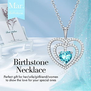 Gloffery 925 Sterling Silver Birthstone Heart Cut Halo CZ Pendant Necklaces for Women (Heart,Mar)