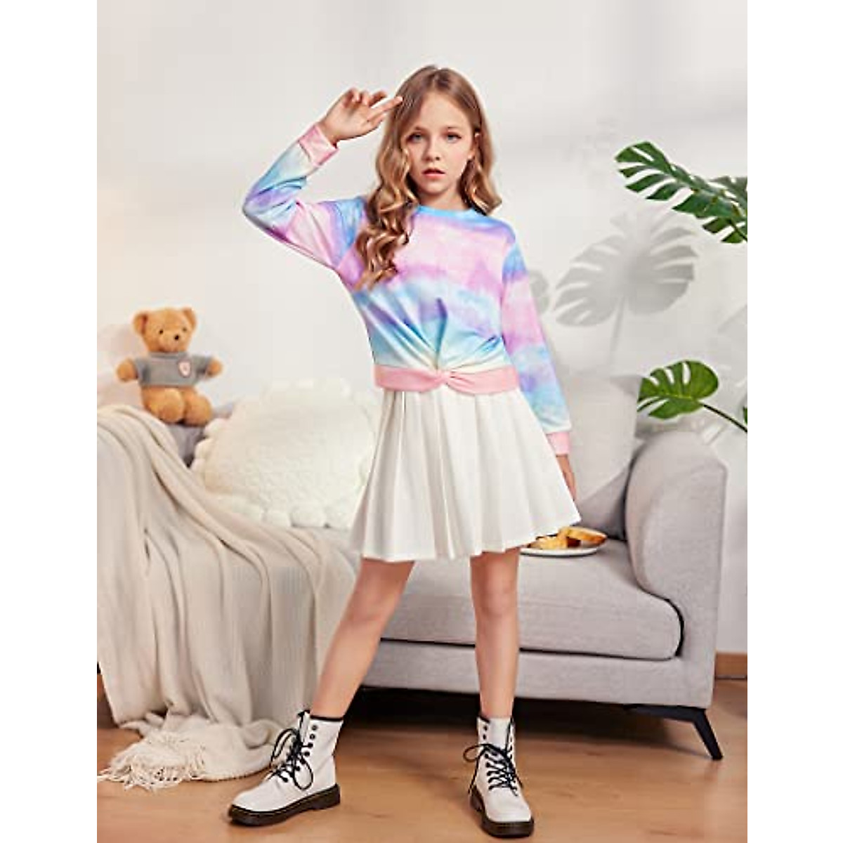 Arshiner Girls Casual Twist Front Light Weight Sweatshirt Tie Dye Printed Long Sleeve Crop Tops Pullover Size 7-8 Years