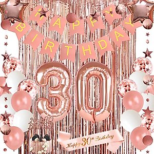30th Birthday Decorations for Her, Happy Birthday Banner 30 Balloon Numbers Happy Birthday Cake Topper Rose Gold Curtain 30th Birthday Sash Anniversary Decorations Birthday Backdrop