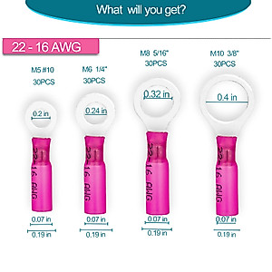 120 PCS Heat Shrink Wire Connectors, 22 20 18 16 AWG Ring Terminals, 22 20 18 16 Gauge Automotive Marine Ring Connectors by Housun