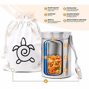 ecozoi Stainless Steel Insulated Lunch Box, Food Jar - Vacuum Insulated Thermos, 17 Oz + Spork + Lunch Bag
