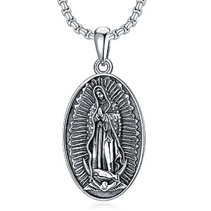 Seiyang Virgen de Guadalupe Necklace Sterling Silver Virgin Mary Pendant Miraculous Medal Pendant Religious Gift for Women Mom