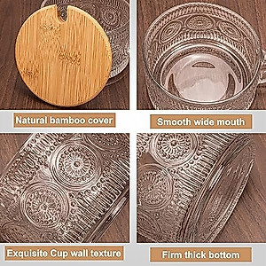 Xigugo Vintage Coffee Mugs 4pcs Set, Clear Embossed Tea Cups with Bamboo Lids and Spoons, 14 Oz Glass Coffee Cups, Cute Coffee Bar Accessories, Iced Coffee Glasses, Ideal for Cappuccino, Latte, Tea