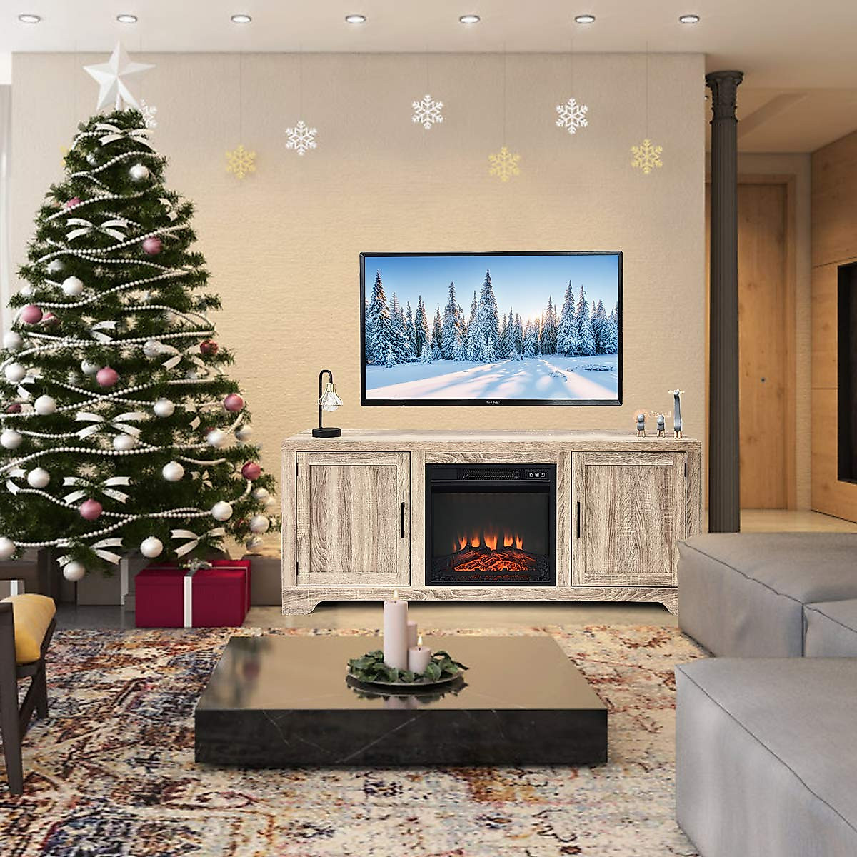 Tangkula 65" TV Stand, Storage Cabinet Console, Television Console, Media Component TV Stand with Adjustable Shelves. Suitable for 18" x 17" Fireplace (not Included) (Grey)