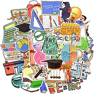 QTL School Stickers for Teacher Students Back to School Party Supplies Waterproof Vinyl Stickers for Water Bottles Laptop 50Pcs