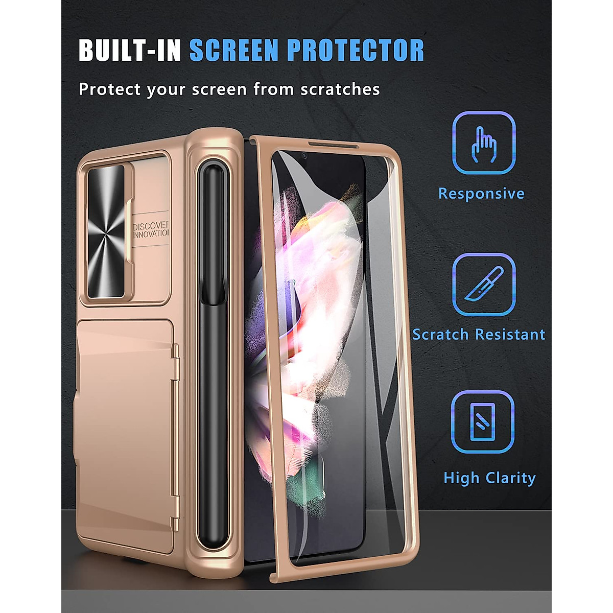 Vihibii for Samsung Galaxy Z Fold 3 Case with S Pen Holder & Hinge Protection, Credit Card Slot Kickstand Design, Slide Camera Cover & Screen Protector, Hard PC Phone Case for Z Fold 3 5G (Rose Gold)