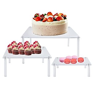 3 Pcs Square Acrylic Cake Stands, Akamino Reusable Round Cupcake Holder for Dessert Cake Pizza, Display Stand Party Serving Platter for Christmas Wedding Birthday Baby Shower Tea Party