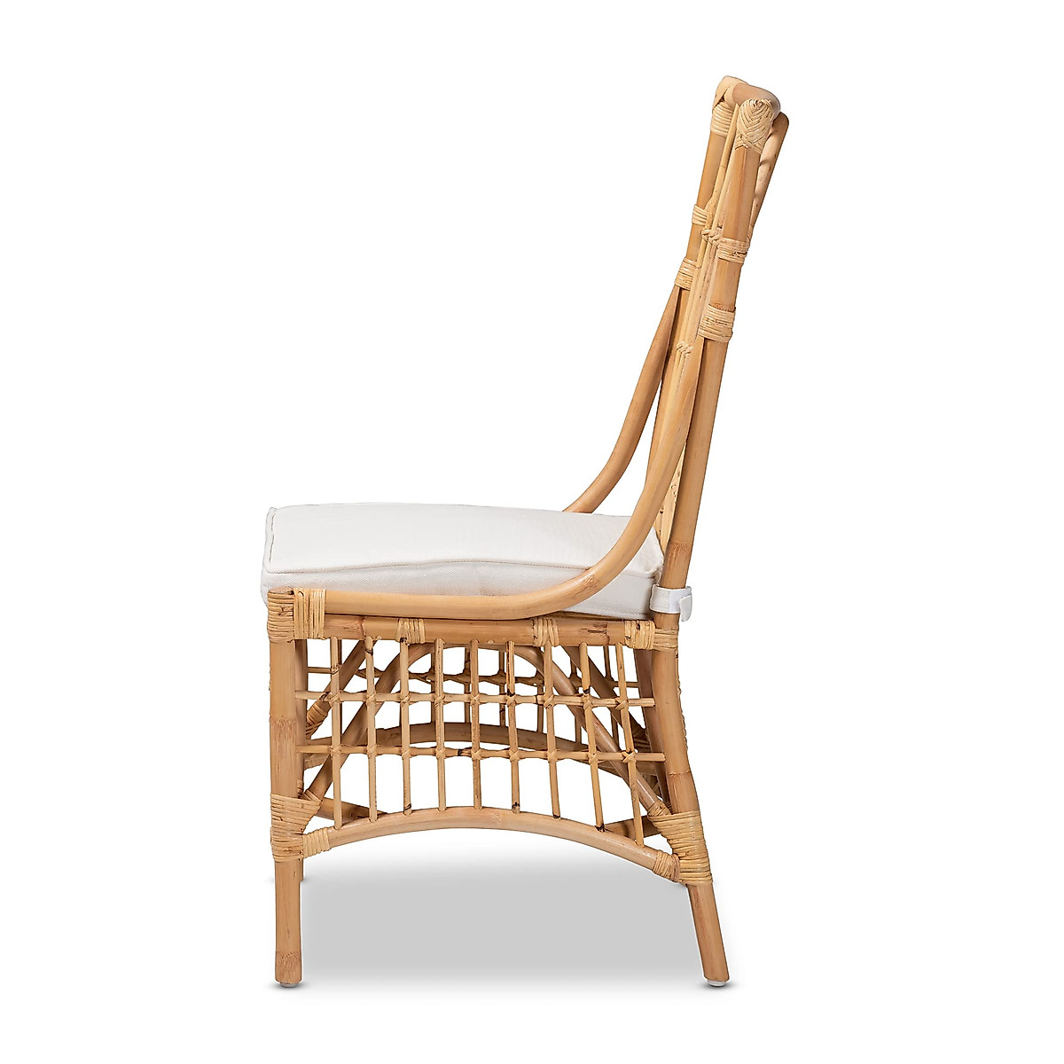 Baxton Studio Rose Dining Chair Dining Chair White Fabric Upholstered and Natural Brown Rattan Dining Chair