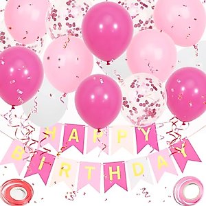 Pink Birthday Decorations, Happy Birthday Banner, Pink Birthday Balloons Decorations, 16 pcs 12 inch Happy Birthday Balloons with 2 Ribbons for Girl and Women Birthday Party Decoration