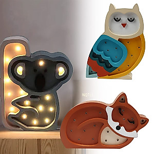 Jwinkumy Decorative LED Night Light for Kids Baby Nursery Decor Cute Fox Wooden Table Lamp Animal Sign Home Bedroom Ornament Birthday Gift