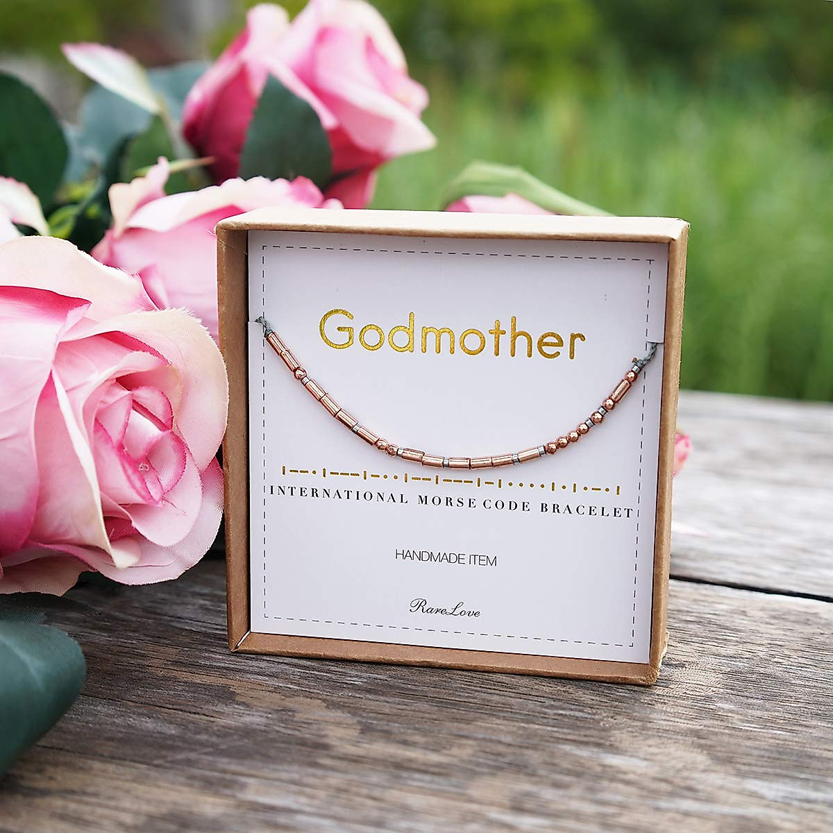 RareLove Godmother Morse Code Bracelets Birthday Christmas Christen Gift For Women Rose Golden Beads String Bracelet
