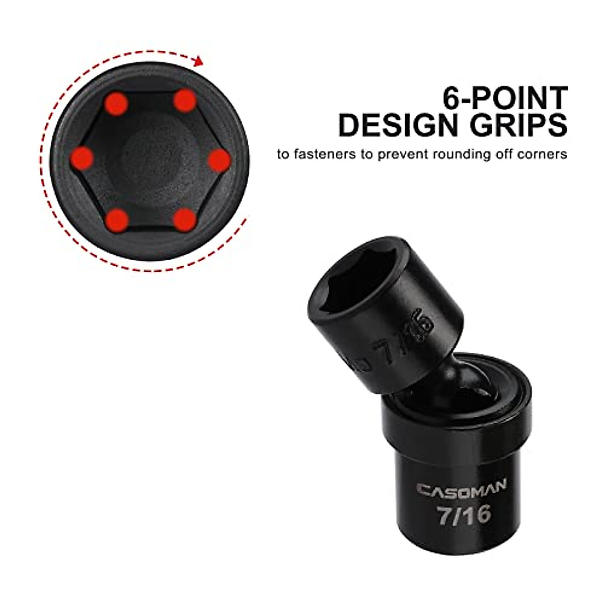 CASOMAN 1/4-Inch Drive Shallow Universal Impact Socket Set, SAE, 6 Pieces Set, 1/4" to 9/16", 6-Point, Cr-Mo, Swivel Socket