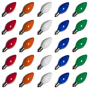 SUNSGNE 25 Pack C7 LED Multicolor Christmas Replacement Bulbs, Multicolor Ceramic LED Light Bulbs Vintage Light Bulbs for Christmas Indoor Outdoor String Lights, E12/C7 Candelabra Base, 0.6 Watt
