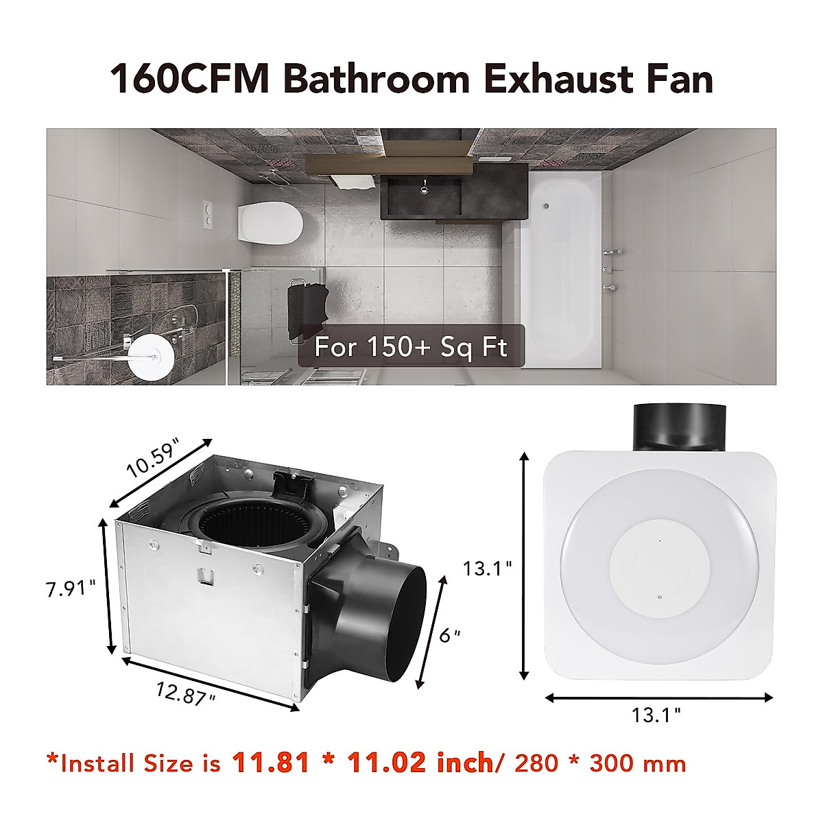 OREiN OL003 Bathroom Exhaust Fan with Light, 40W Bathroom Fan with Humidity Sensor, 160 CFM 1.0 Sones Bathroom Vent Fan with Light for Home, 1500lm LED Light 3000K/4000K/5000K Selectable & Nightlight