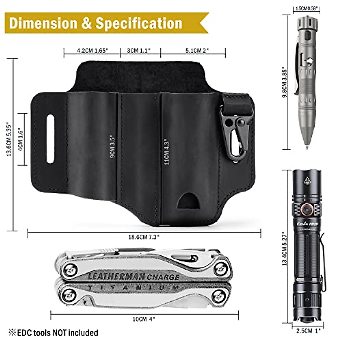 VIPERADE PJ29 Multitool Sheath for Belt, Leather EDC Pocket Organizer for Men, EDC Leather Sheath, Flashlight and Multitool Sheath, EDC Belt Organizer