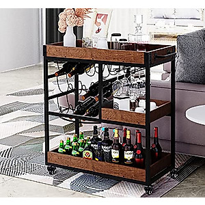 4 EVER WINNER Bar Carts for Home, Home Bar Serving Cart with 12 Bottle Wine Rack and Wine Glasses Holder, Rustic Rolling Bar Cart with Removable Shelves for Home