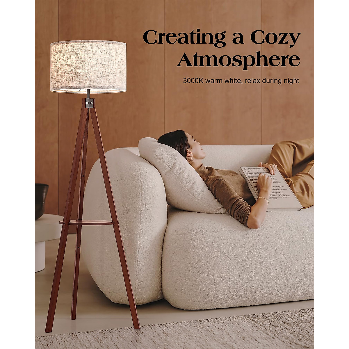 ELYONA Tripod Floor Lamp with Table, Rubber Wood Tall Standing Light, Mid Century Modern Corner Shelf Reading Floor Lamp with Drum Shade for Living Room, Bedroom, Office, LED Bulb Included, Brown