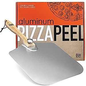 OUII Aluminum Pizza Peel Metal - 12 x 14 Inch. Pizza Spatula for Oven with Foldable Wood Handle. Pizza Oven Accessories and Pizza Tools. Pizza Turning Peel, Bread Peel, Pastry, Dough, Cake Spatula