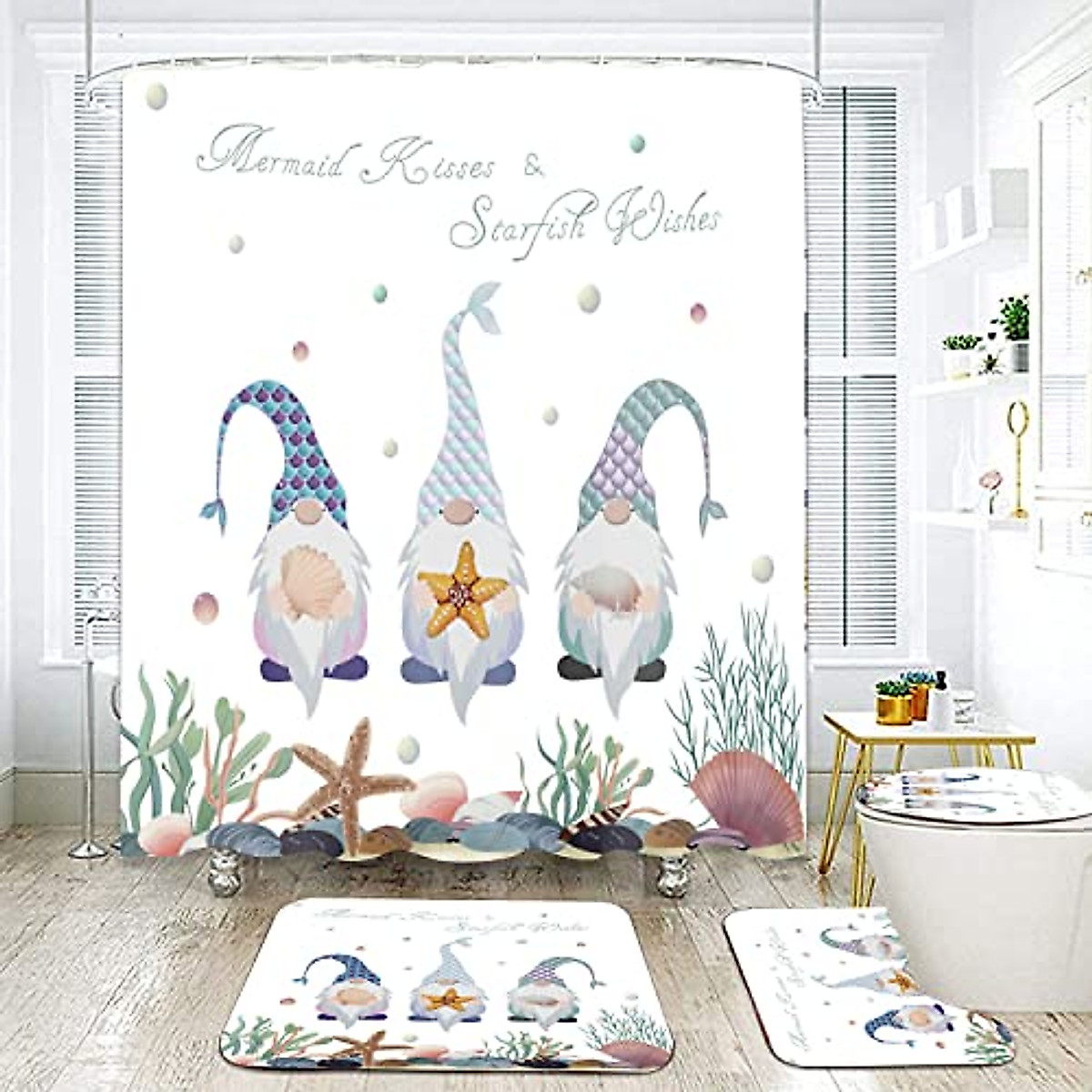 Godeufe 4Pcs Mermaid Gnome Shower Curtain Sets for Bathroom, Waterproof Bath Curtain Set with Non-Slip Rug, Toilet Lid Cover, Bath Mat and 12 Hooks, 70.8x70.8 Inches (White)