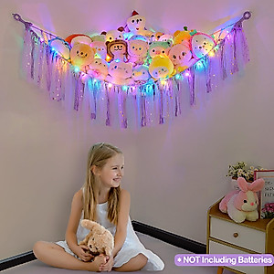 FIOBEE Stuffed Animals Net or Hammock with LED Light, Toy Hammock Hanging Stuffed Animals Storage Organizer Holder Room Décor for Nursery Kids Bedroom