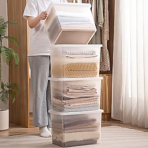 Sgoostood 40Qt Stackable Plastic Storage Bins with Lids,Clear Container to Organize, Clothes, Blankets,and Crafts on Closet Shelves,Garage, Totes, Tubs Boxes Organizing 4 Pack