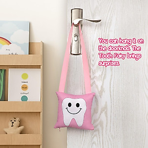 Linen Tooth Pillow,Tooth Fairy Pillow with Pocket Door Hanger Birthday Gift for Kids Tooth Fairy Souvenir for Boys and Girls Tooth Fairy Gift (Pink)