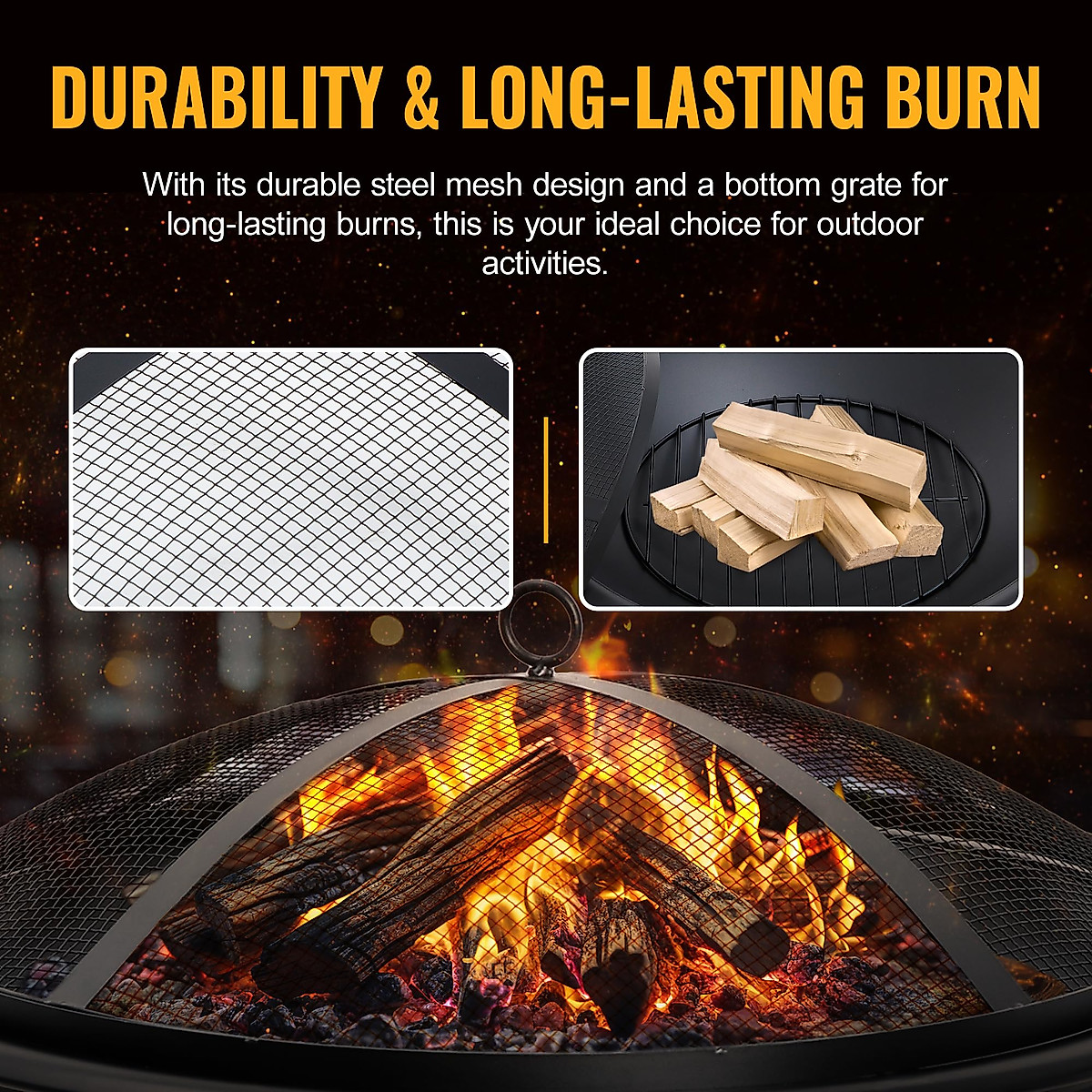 LEMY 22 Inch Outdoor Firepit Wood Burning BBQ Grill Steel Firepit Bowl for Patio Backyard Garden Camping Picnic Bonfire w/Spark Screen Cover, Log Grate, Fire Poker