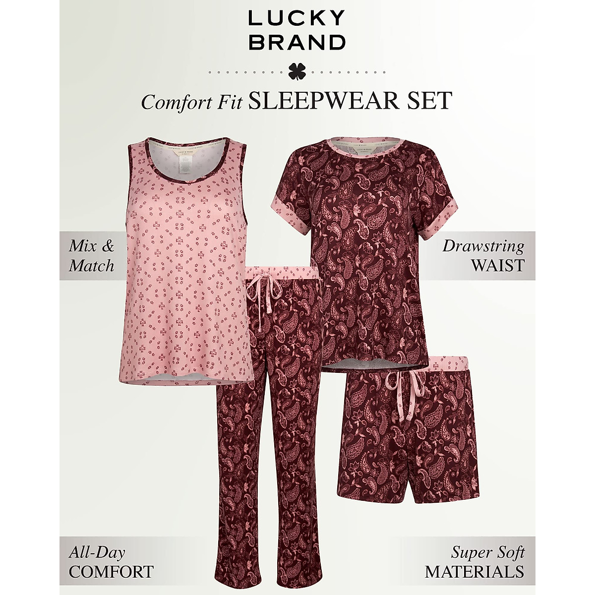 Lucky Brand Women's Pajama Set - 4 Piece Short Sleeve Shirt, Tank Top, Sleep Pants, Lounge Shorts, Size Medium, Red