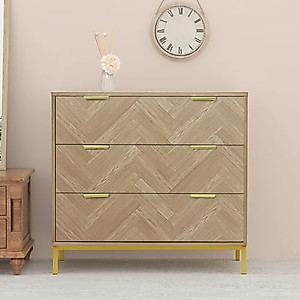 Anmytek Modern 3 Drawer Chest Dresser, Mid Century Natural Oak Organizer Bedroom Furniture with Gold Metal Legs H0037