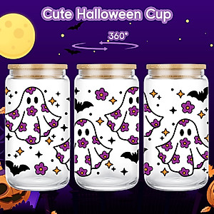 Coolife Purple Flower Ghost Halloween Cup, Cute Daisy Ghost Iced Coffee Cup, 16oz Floral Ghost Halloween Tumbler Glass Cups w/Lids Straws - Boo Basket Stuffers for Her, Halloween Gifts for Women Girl
