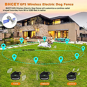 BHCEY GPS Wireless Dog Fence, Electric Dog Fence Pet Containment System, Large Signal Range Up to 6560Ft, Portable GPS Dog Boundary Training Collar for Large and Medium Dogs